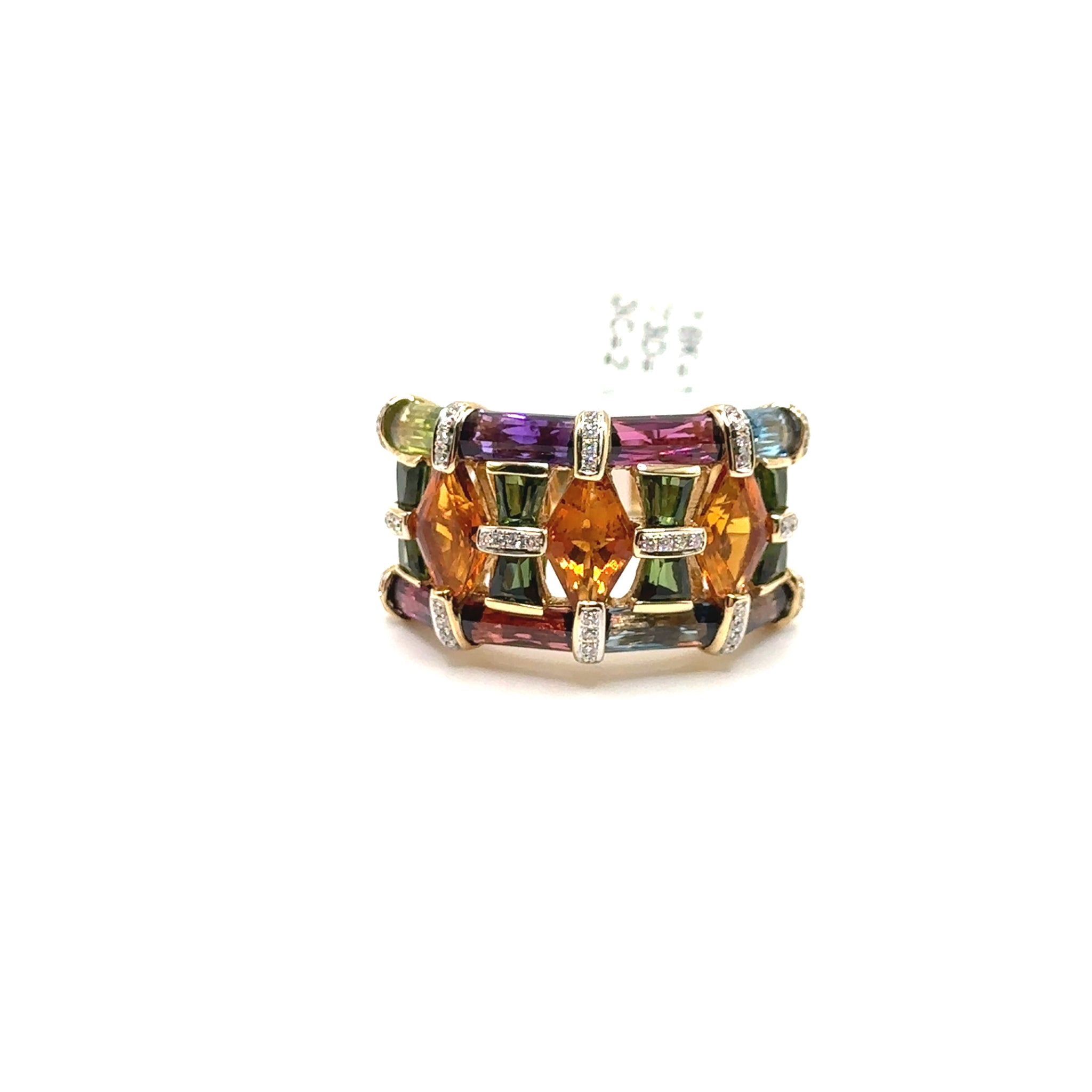 18K Yellow Gold Wide Multi Colored Ring With Diamonds